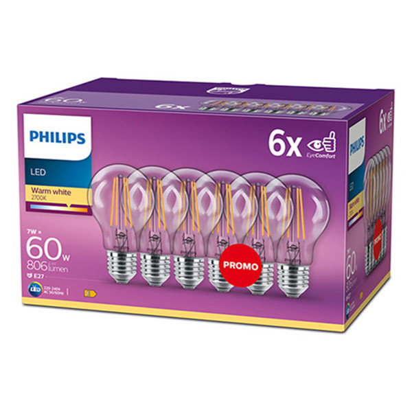 Philips LED lamp E27 | Peer A60 | Filament | Helder | 2700K | 7W (60W) 6 stuks Philips 123led.nl